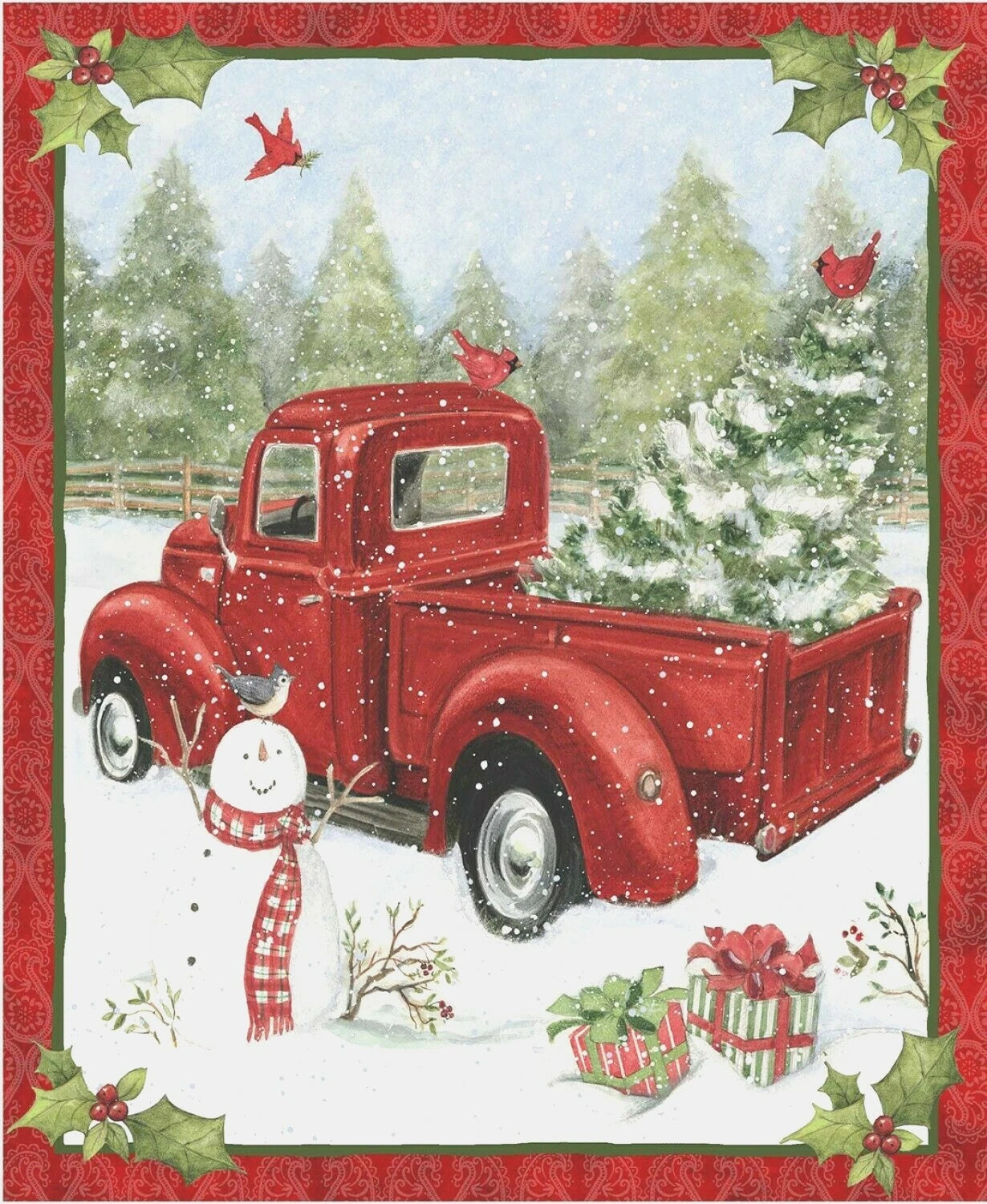Christmas Fabric Red Truck Snow Snowman Susan Winget Cotton CP69167 36 ...